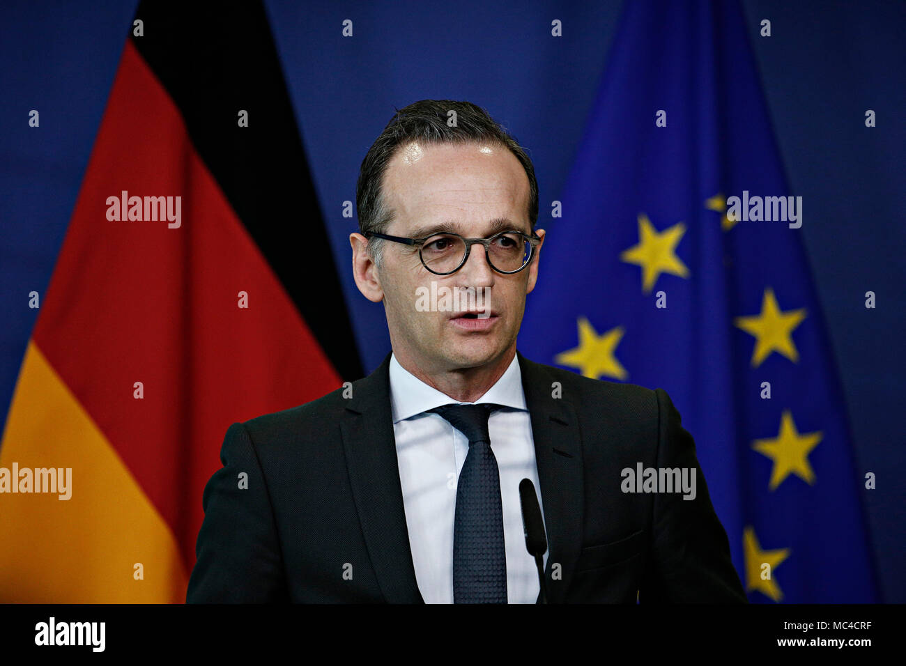 Brussels, Belgium. 13th April 2018.German Foreign Minister Heiko Maas ...