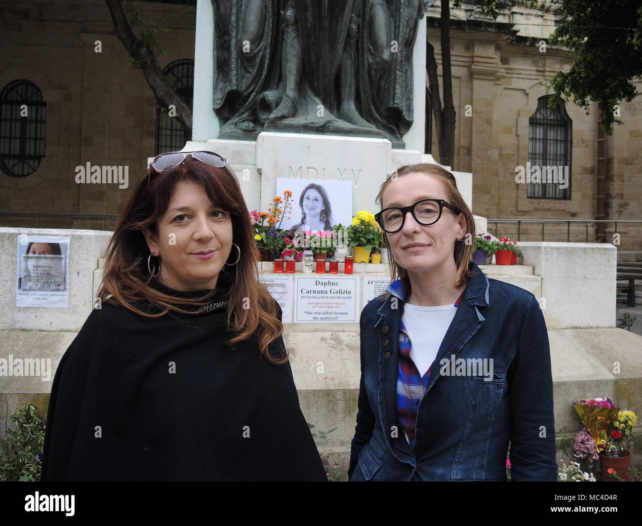 10 April 2018, Malta, Bidnija: The activists Pia Zammit (L) and ...