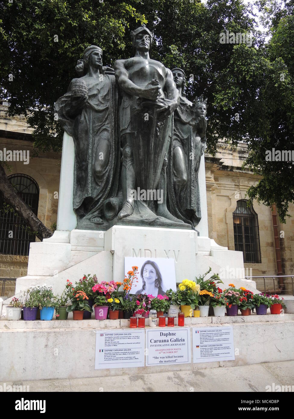 10 April 2018, Malta, Bidnija: At the feet of a memorial oposite the ...