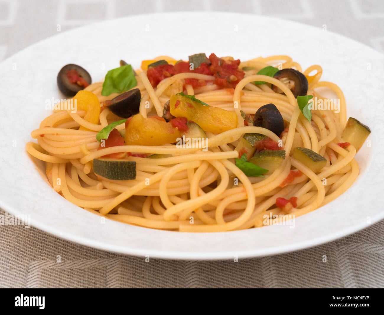 Spaghetti siracusani - spaghetti with olives, capers, peppers and basil ...