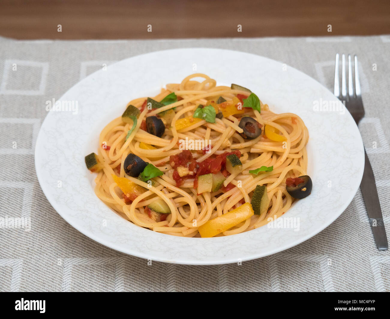 Spaghetti siracusani - spaghetti with olives, capers, peppers and basil ...