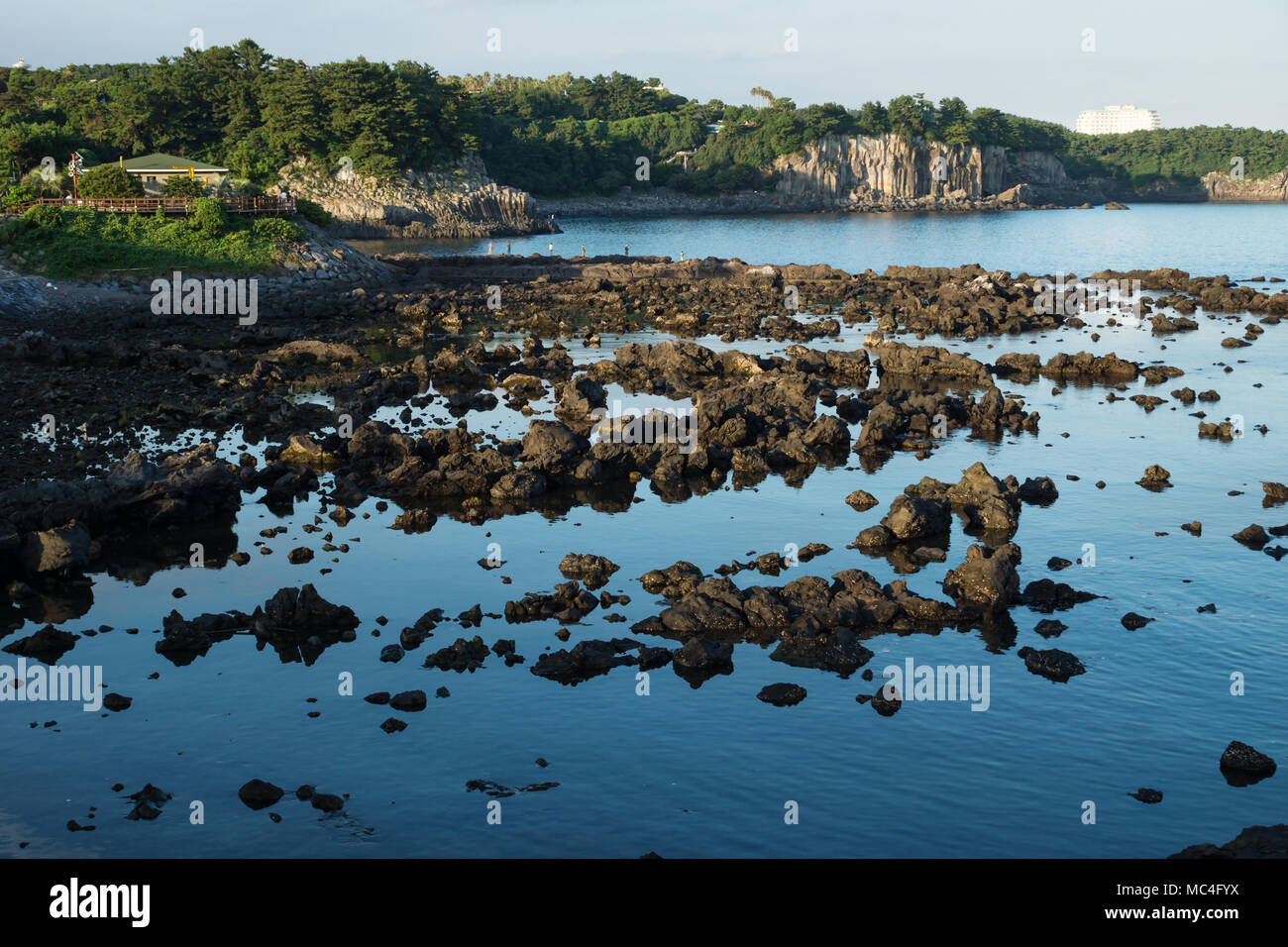 Along the coast of Seogwipo, fishermen at sunset in front of beautiful ...