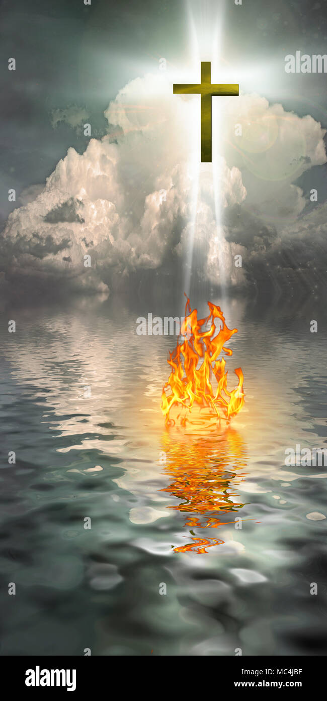 Cross Hangs in Sky over Water with Fire Burning on Waters Surface Stock ...