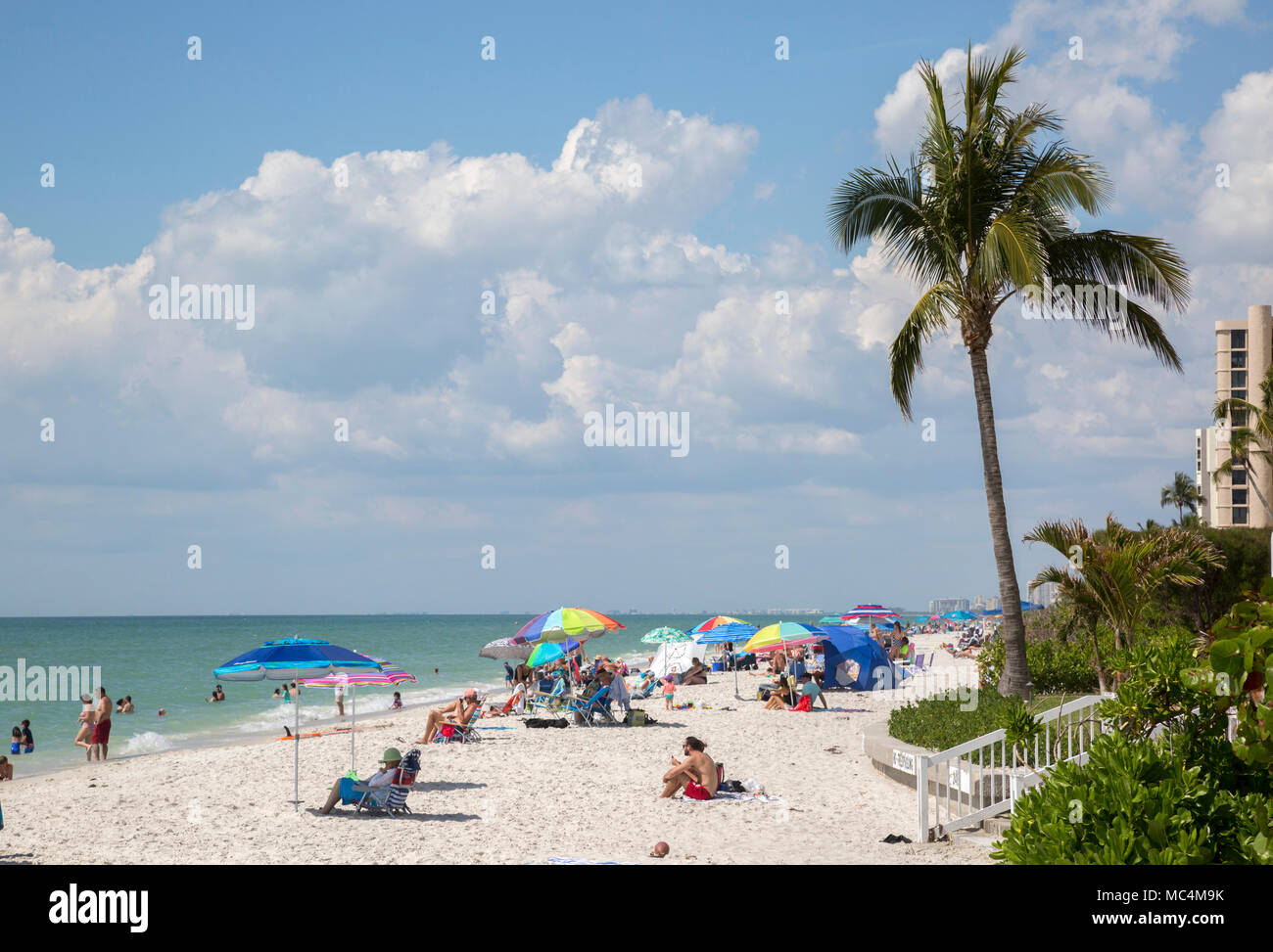 Vacationers in Naples, Florida enjoying beach activities. Sunbathing ...