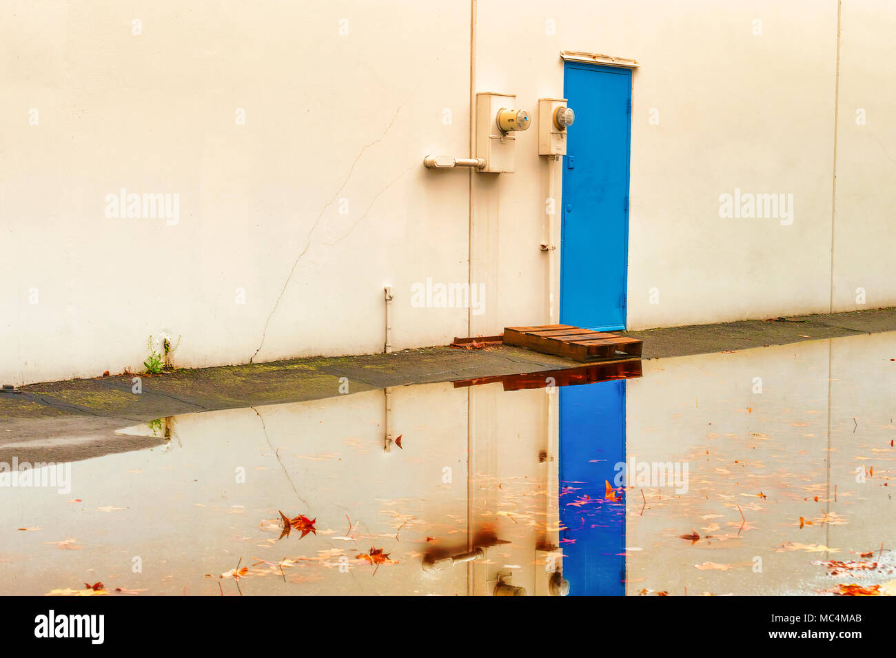 Minimalist of a blue door on a white warehouse reflecting in flood ...