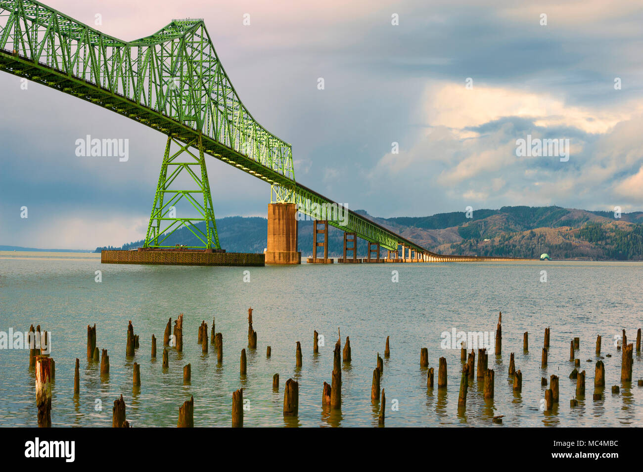 Rain clouds at Megler Bridge in Astoria, Oregon. The bridge spans the ...