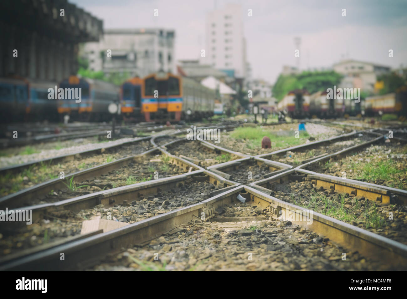 Railway track, line crossing railway track in railway station ...