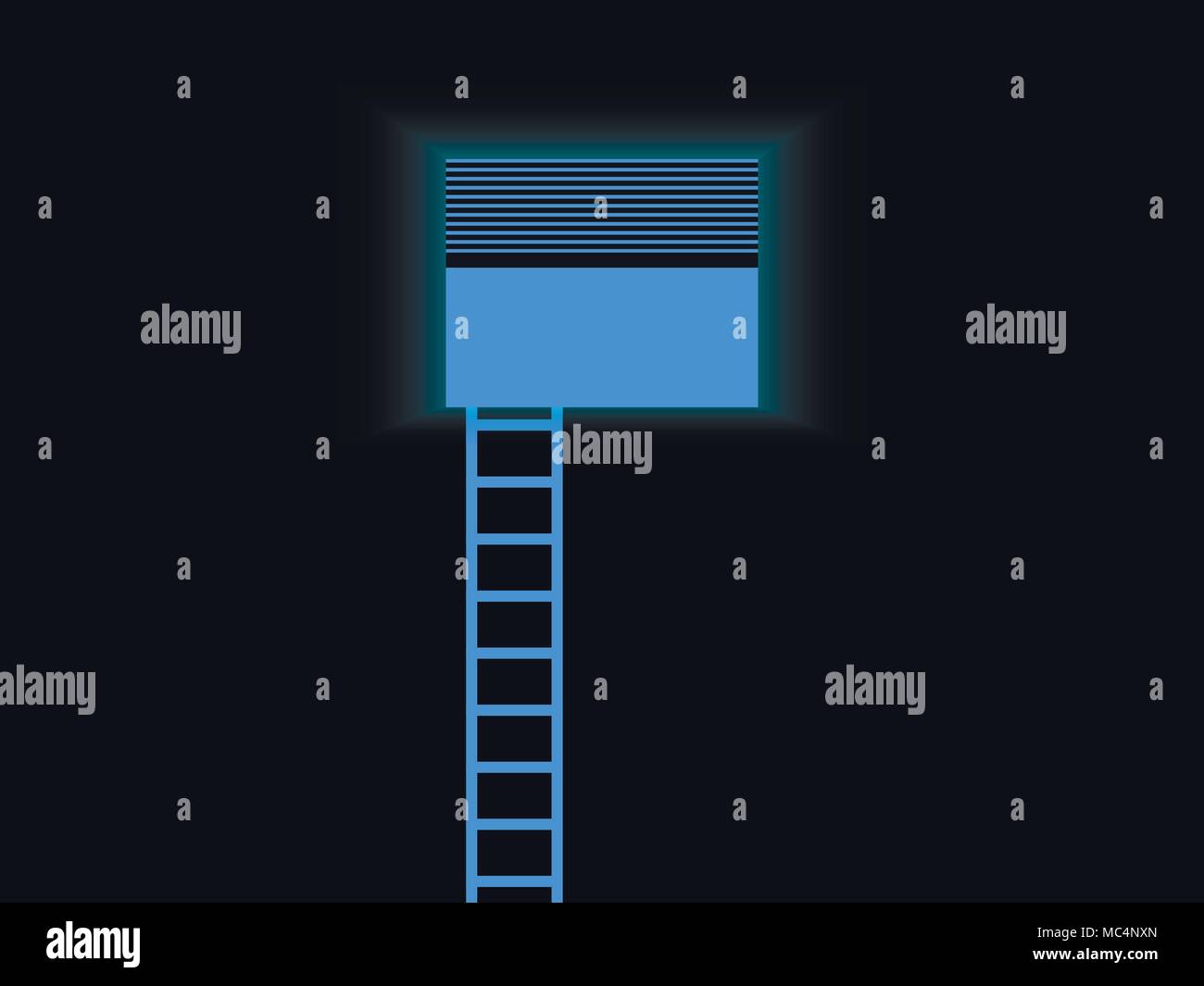Ladder to the window. Blue staircase. Light from an open window. Retro ...