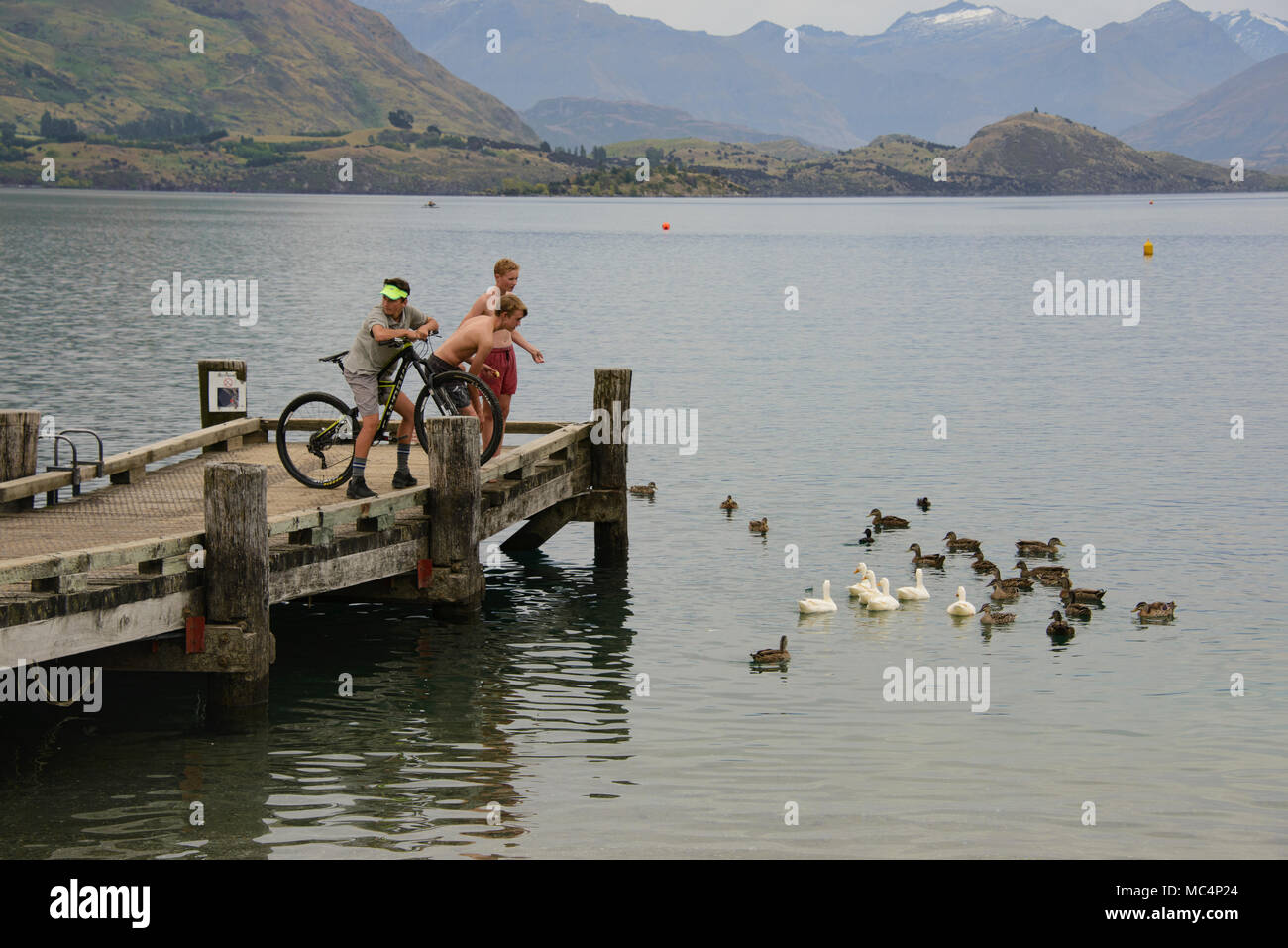 Kids enjoying the beautiful Lake Wanaka waterfront in summer, Wanaka ...