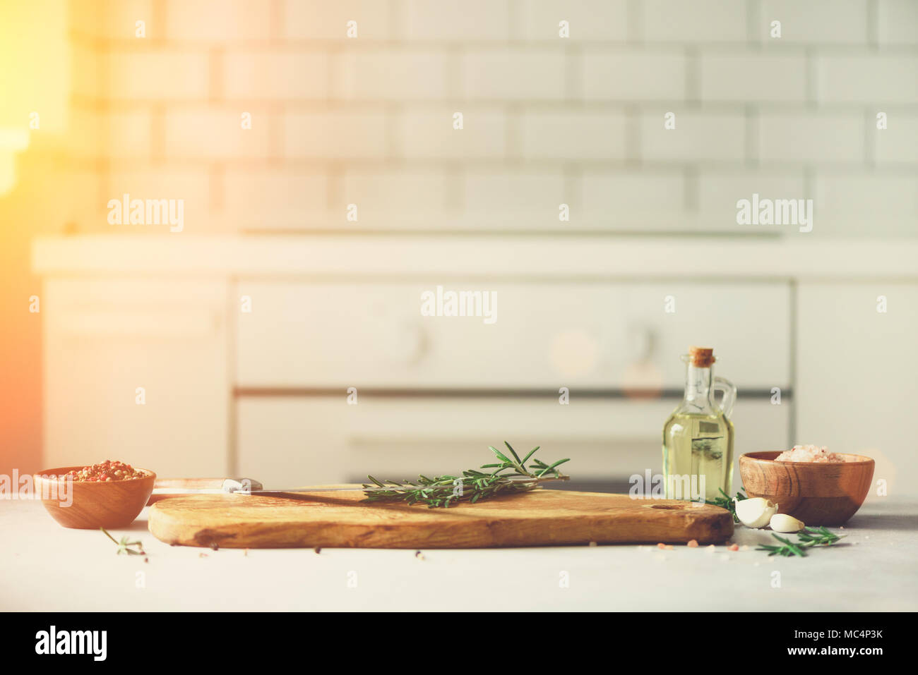 Food cooking ingredients on white kitchen design interior background ...