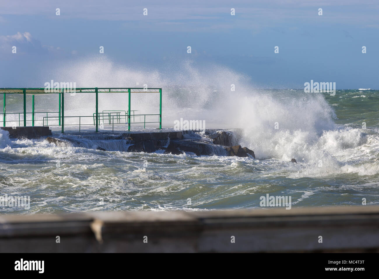 Sea Waves Breaking against Seashore Promenade in Windy Day: Stormy ...