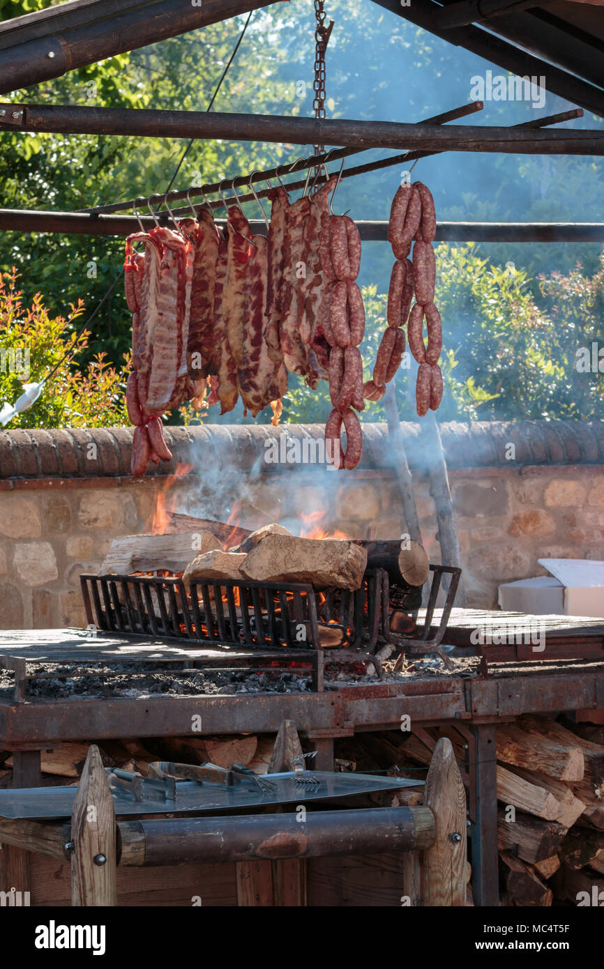Outdoor Grilled Meat: Pork-chop and Sausages, Food Theme Stock Photo ...