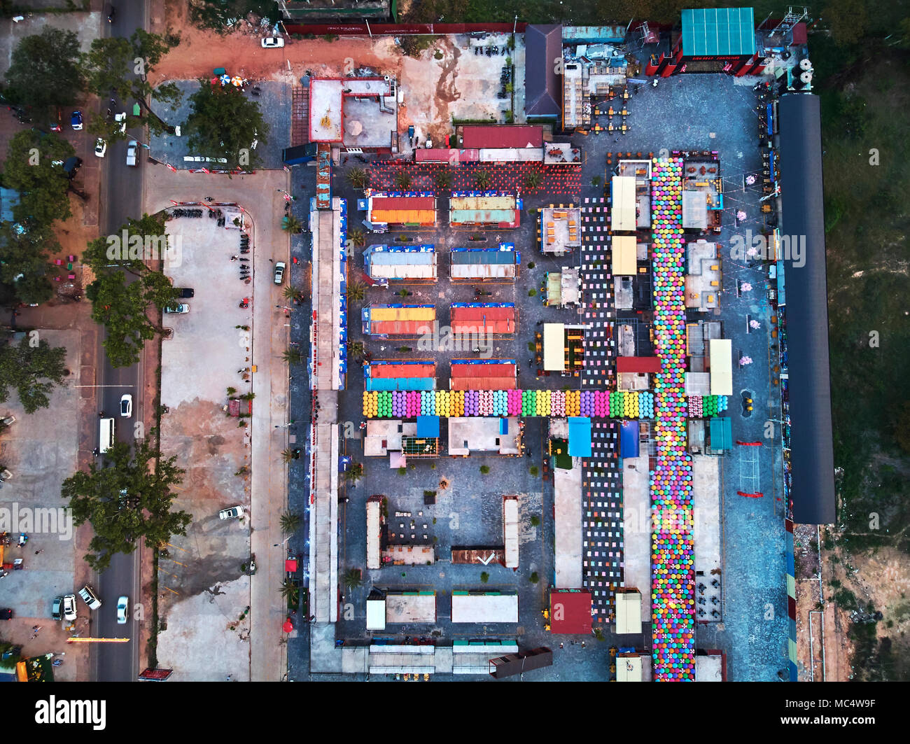 Aerial view at dawn sunset from drone bird eye eagle Angkor container ...