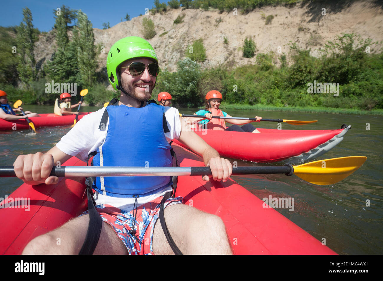 Happy Rafting Canoe Stock Photo - Alamy