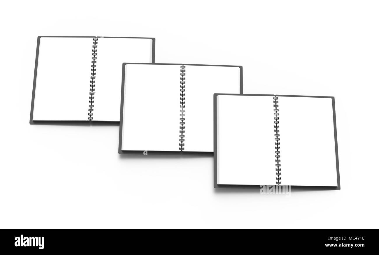 Spiral notebook in 3d render, three open notebooks with empty space for ...