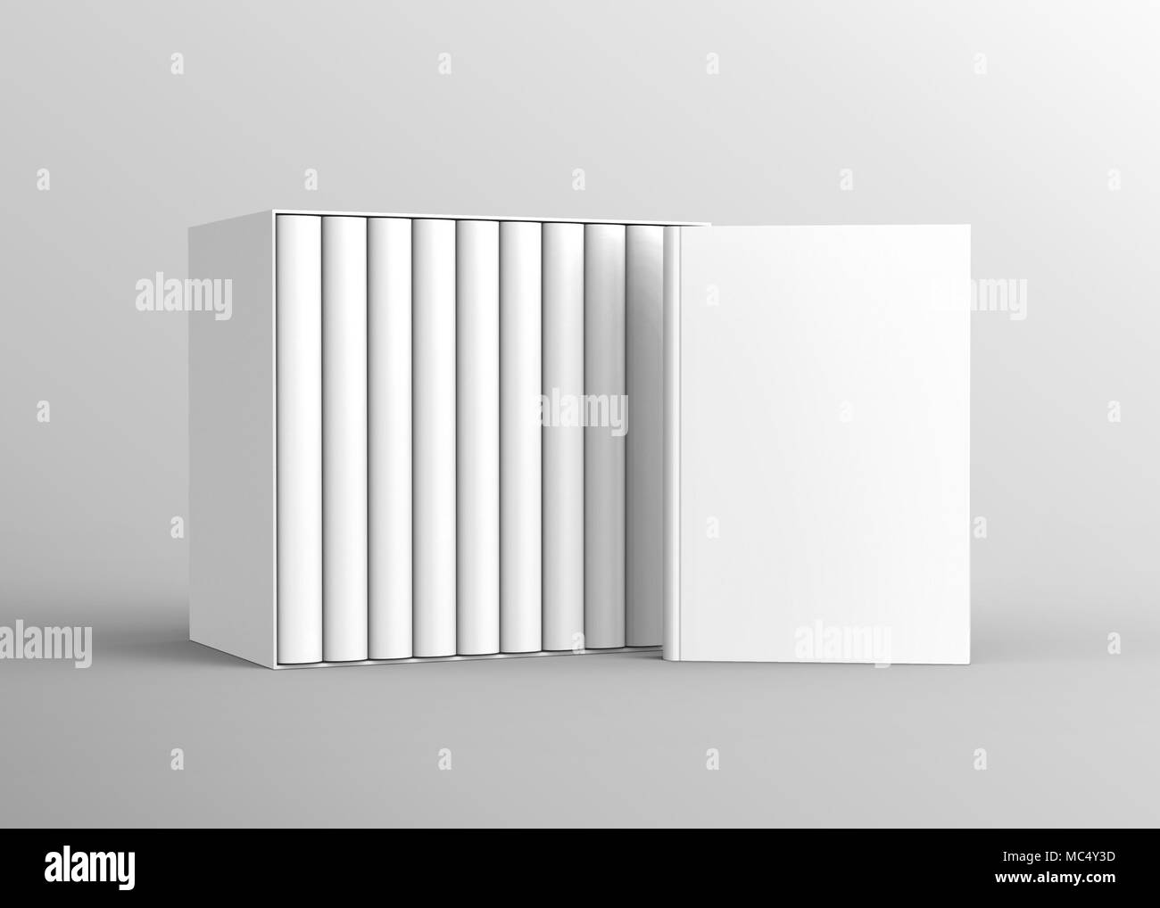 Blank book with cardboard box cover, set of books in case in 3d render ...