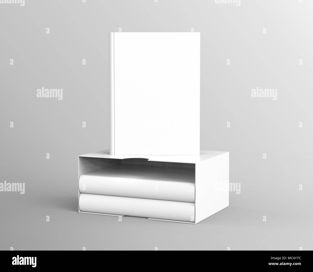 Blank book with cardboard box cover, set of books in case in 3d render ...