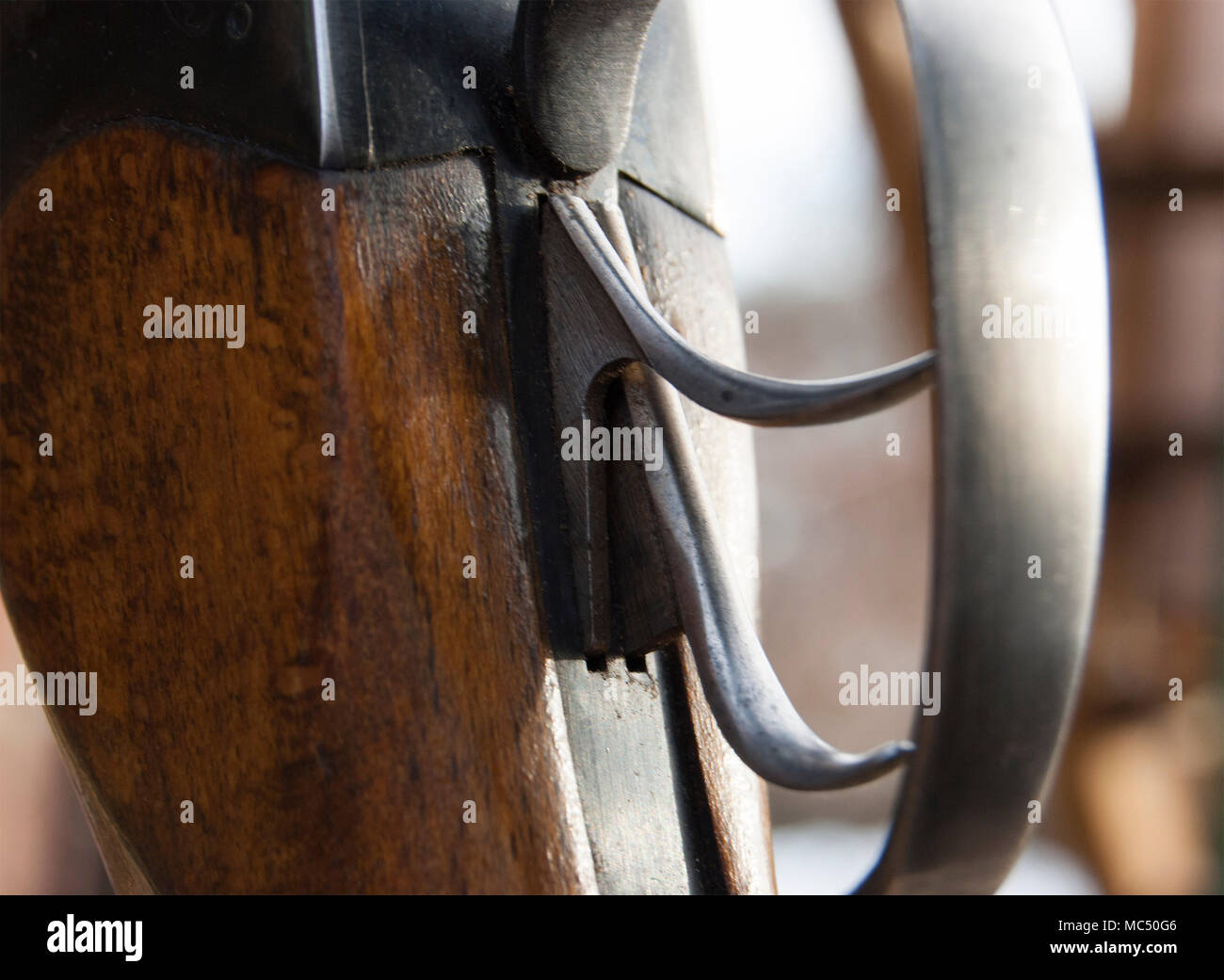 Trigger hacks of a hunting rifle close-up. Element of a double-barrel ...