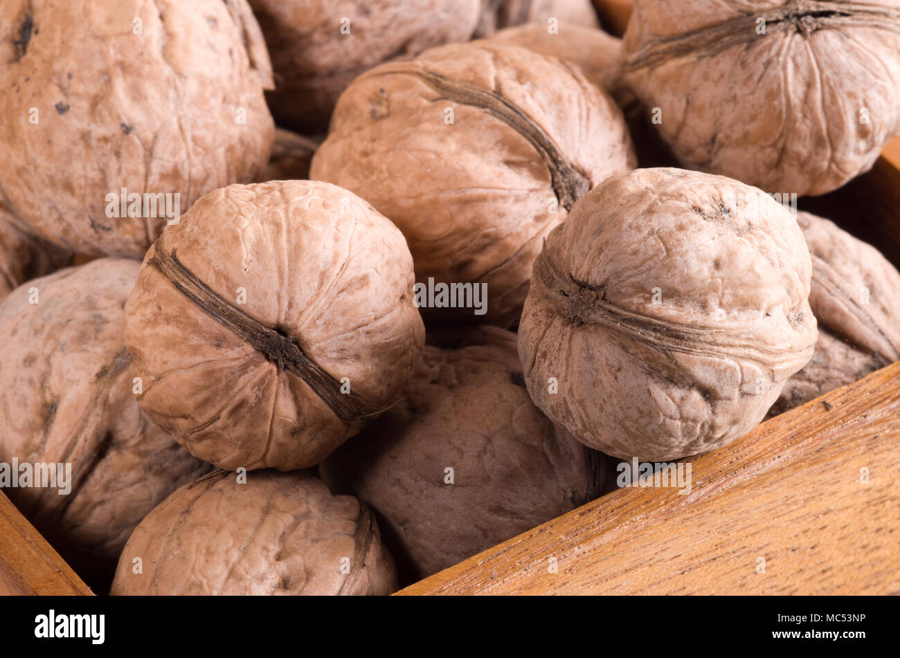 Macro view of a group of walnuts in a brown wooden box with a shallow ...