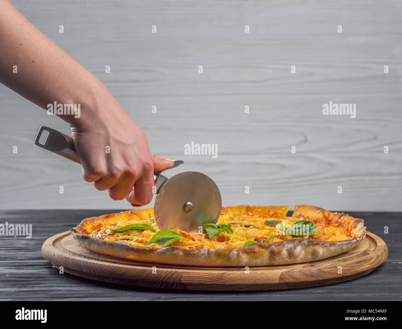 Steel pazza cutter. cutting tasty italian dish on wooden stand isolated ...