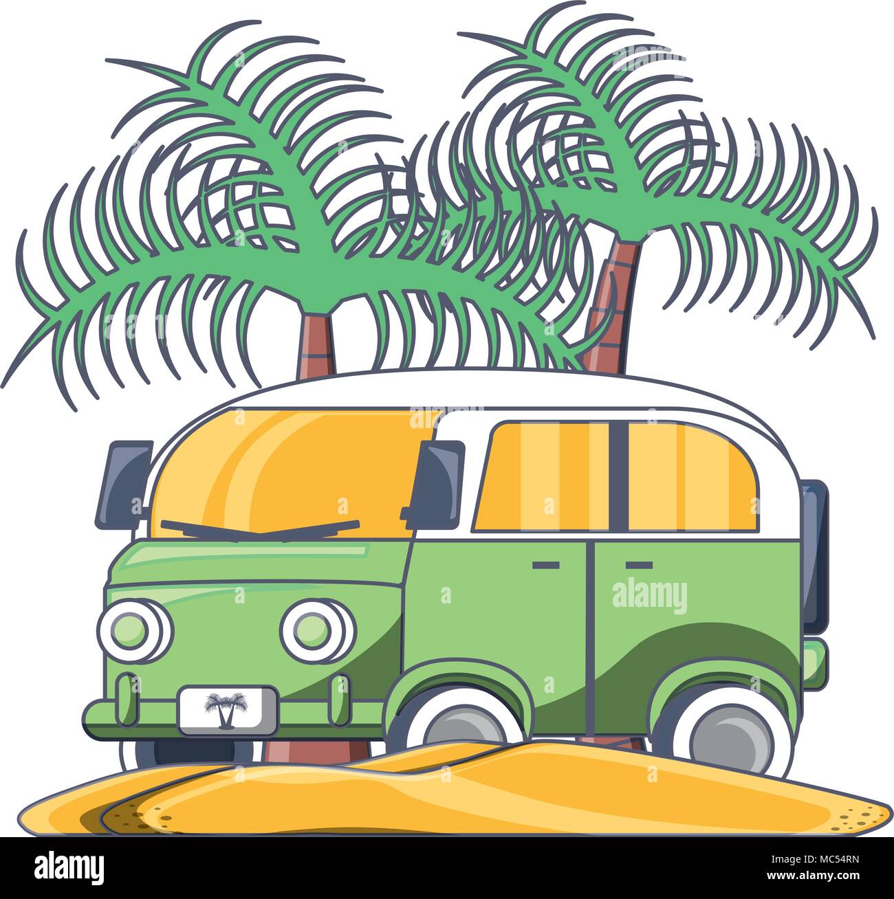 sketch of surf van on the beach with palms over white background ...