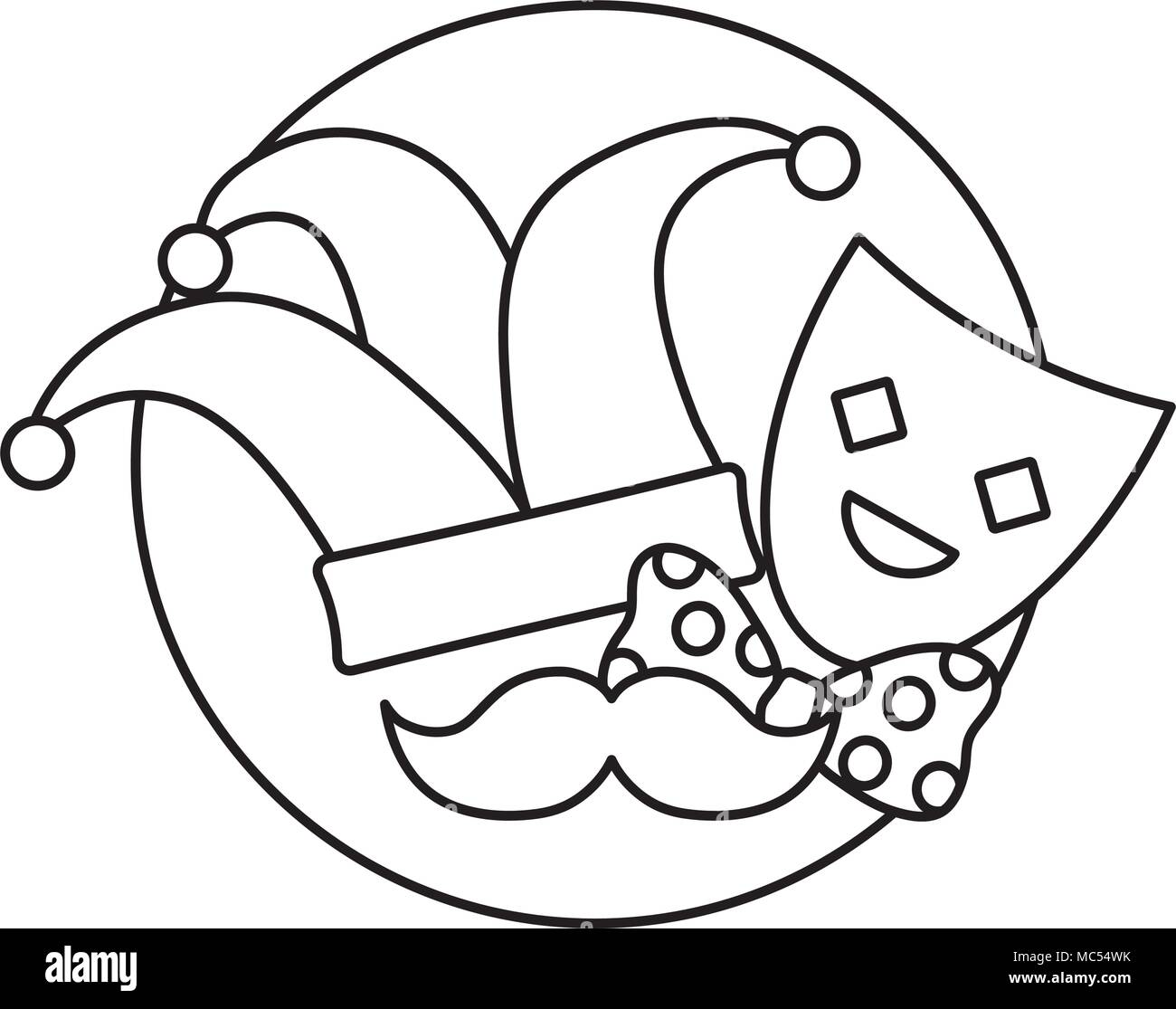 jester hat and theather mask and related icons over white background ...
