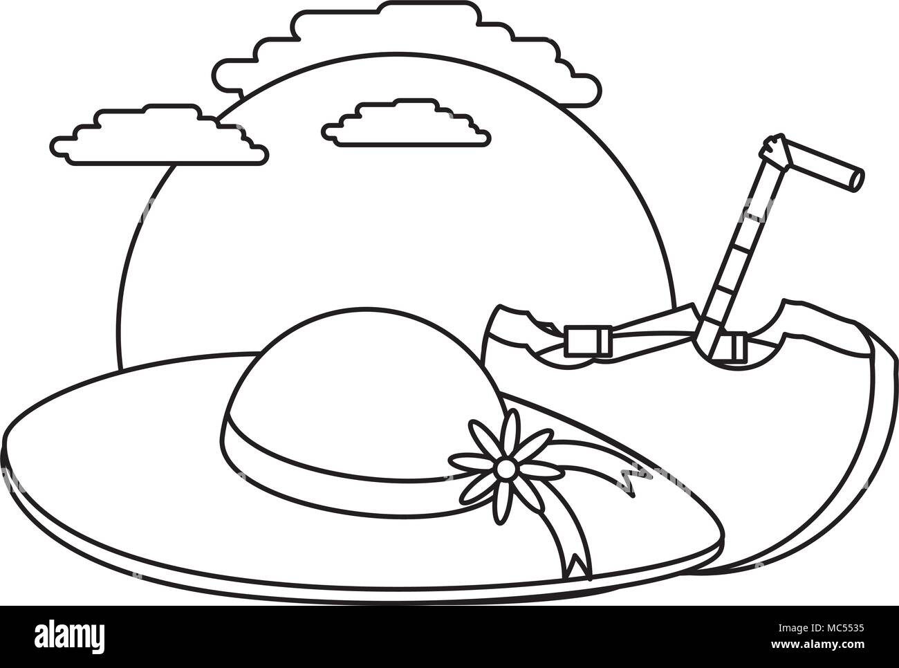beach hat and coconut drink icon over white background, vector ...