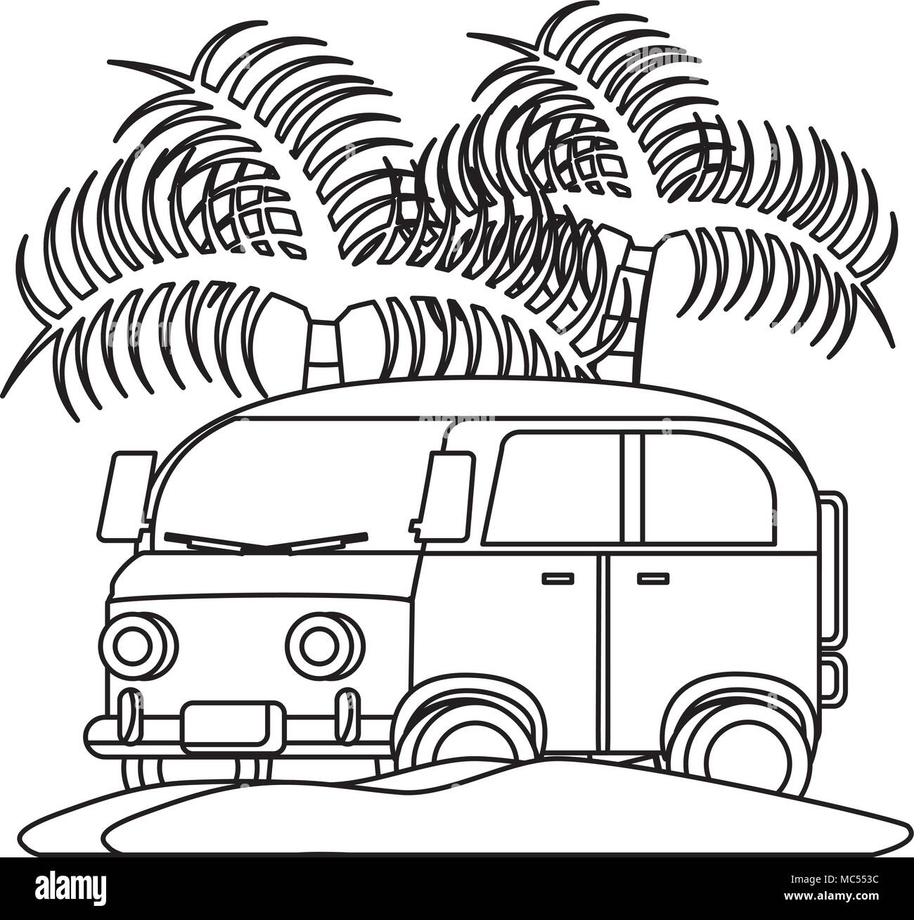 surf van on the beach with palms over white background, vector ...