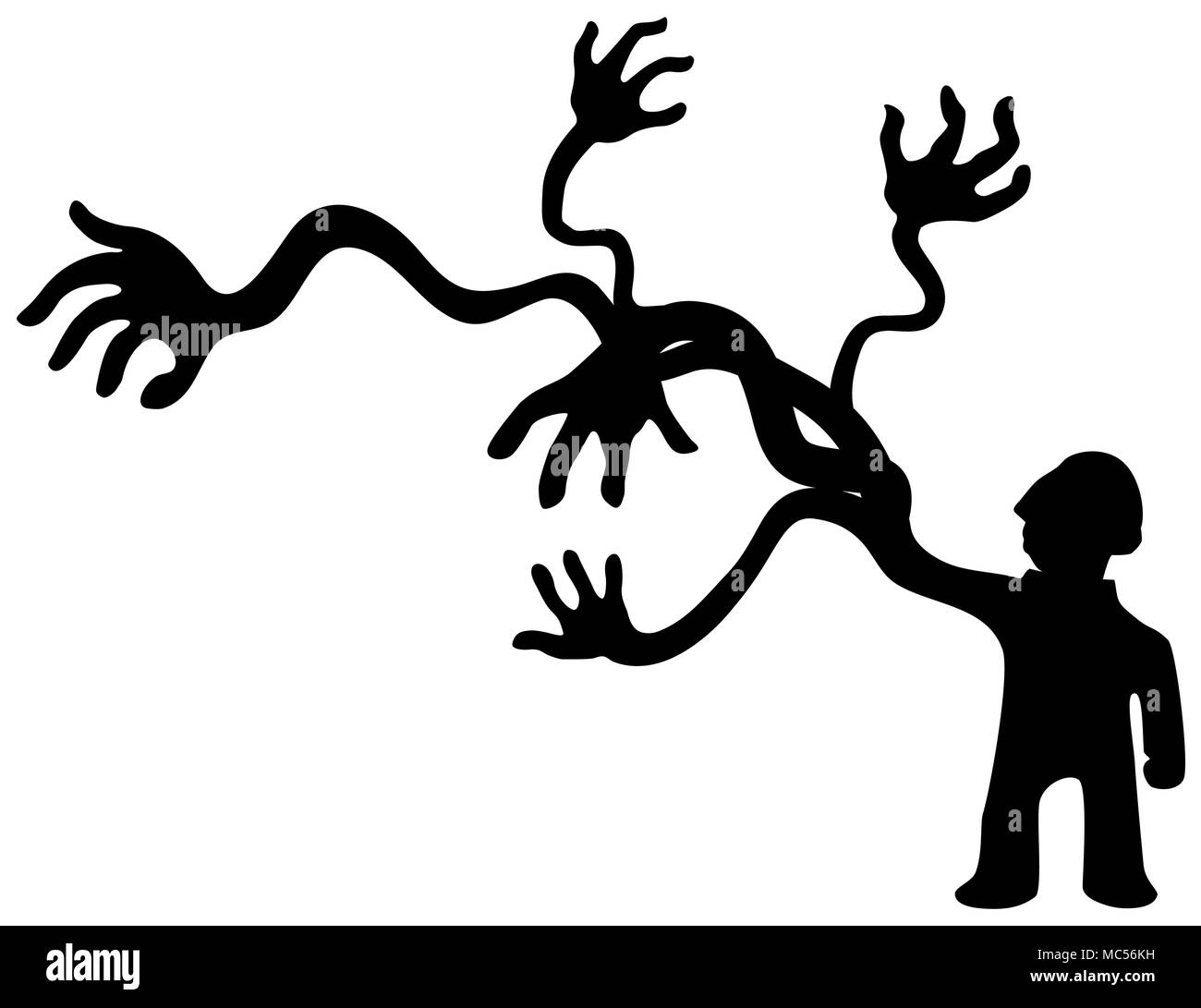 Arm multiply man figure black silhouette, vector illustration ...