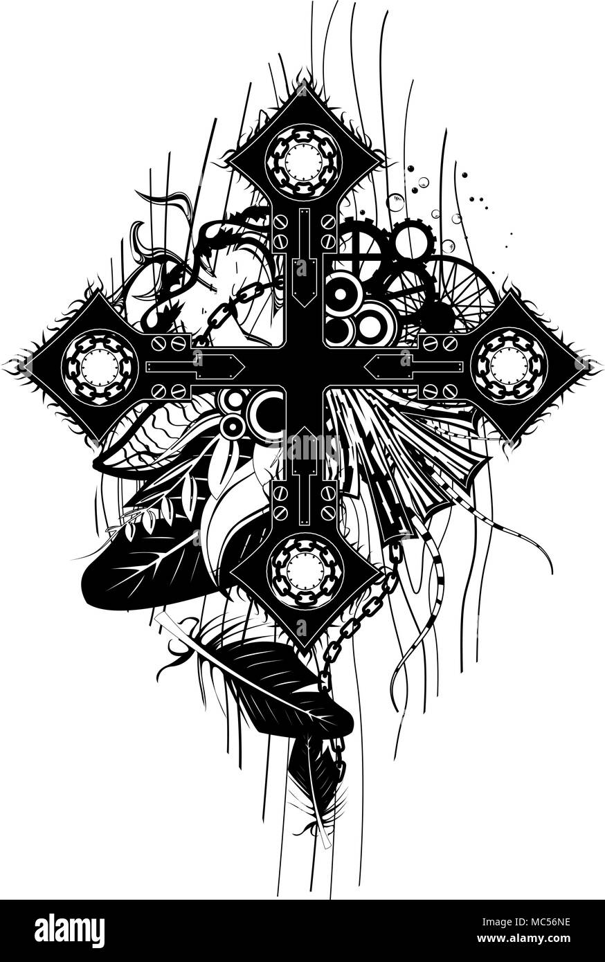 Black chain cross design, includes hand drawn elements, black and white ...