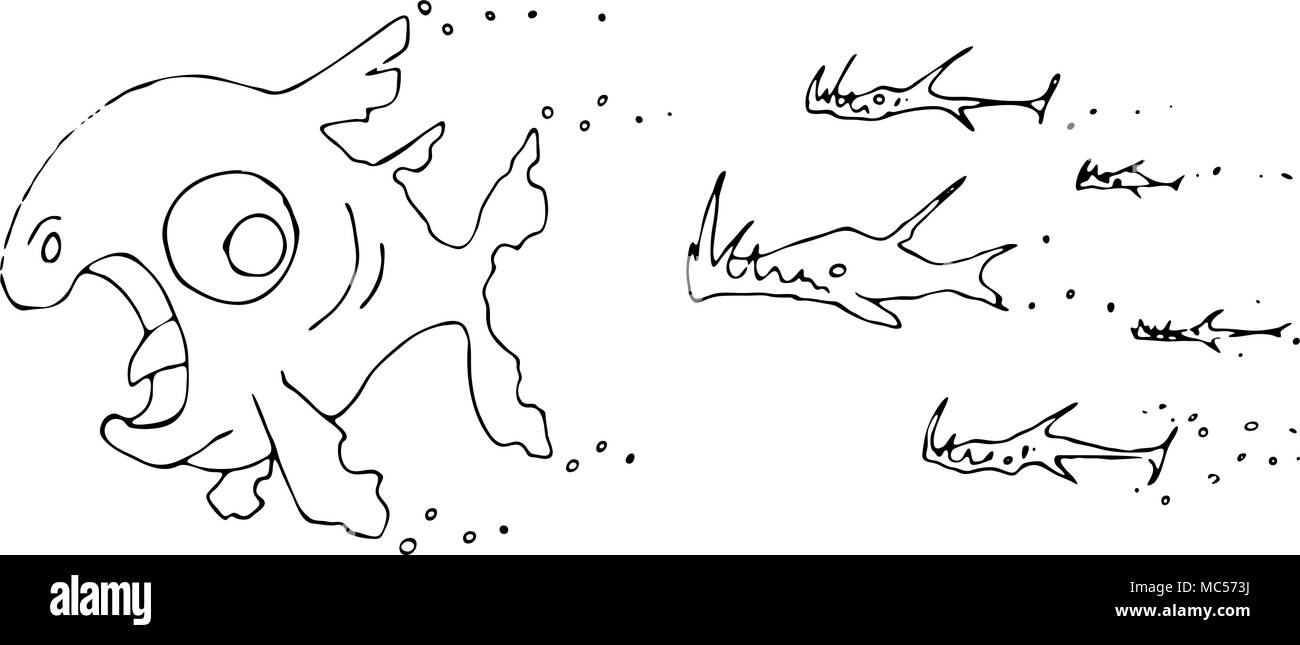 Small predator fish chasing bigger prey vector cartoon, over white ...