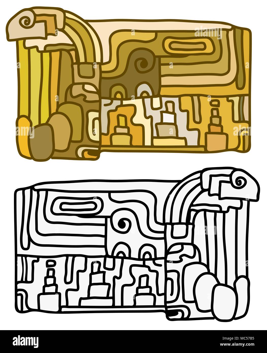 Mayan tablet design cartoon drawing, black and color versions, vector ...