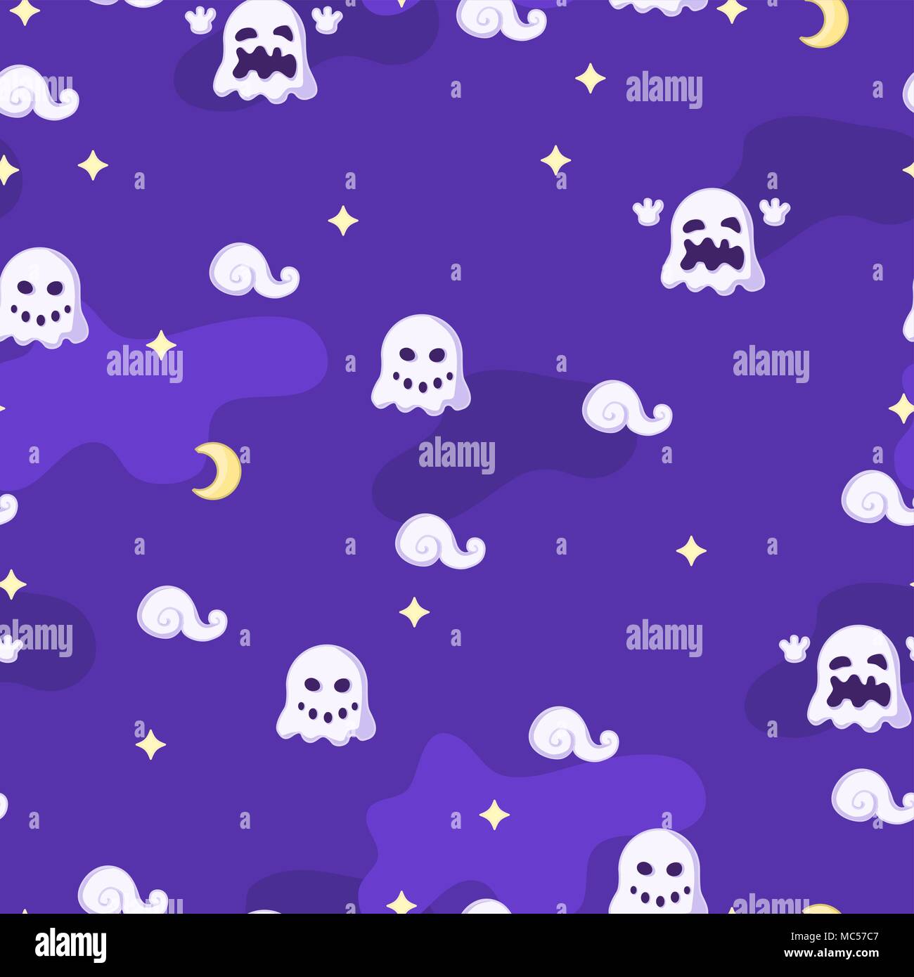 Night small ghosts Halloween cartoon, seamless tile vector texture ...