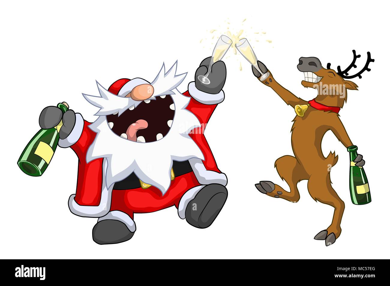 Santa Claus and reindeer raising glasses toast, Christmas party ...