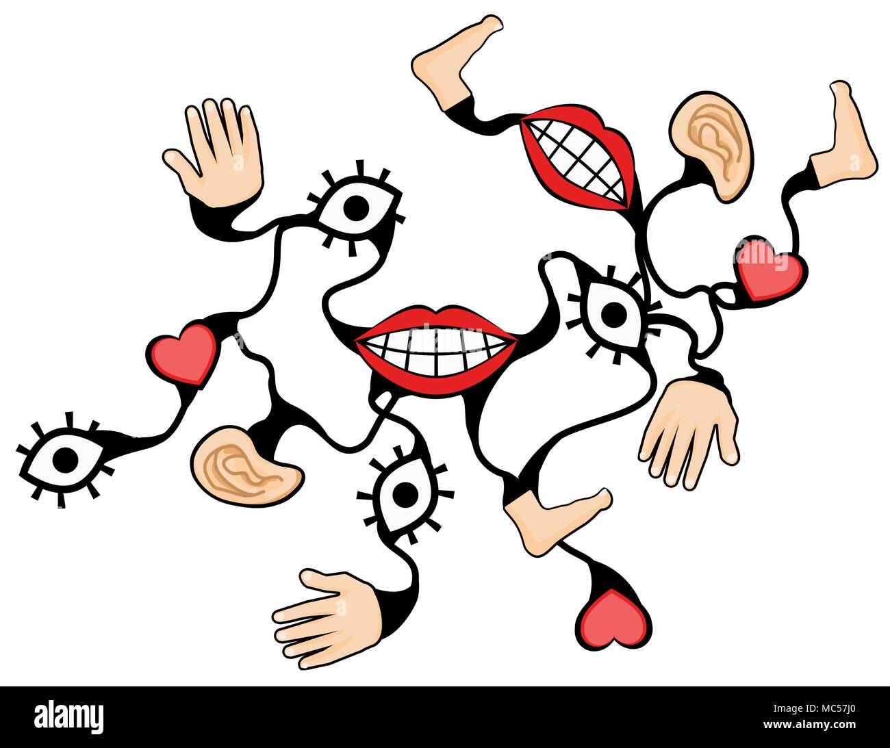 Senses abstract surreal body parts linked, vector illustration color ...