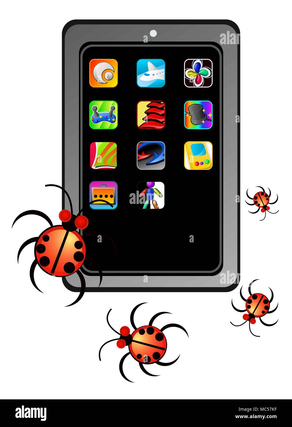 Cartoon smartphone bugs, vector illustration, vertical, isolated, over ...