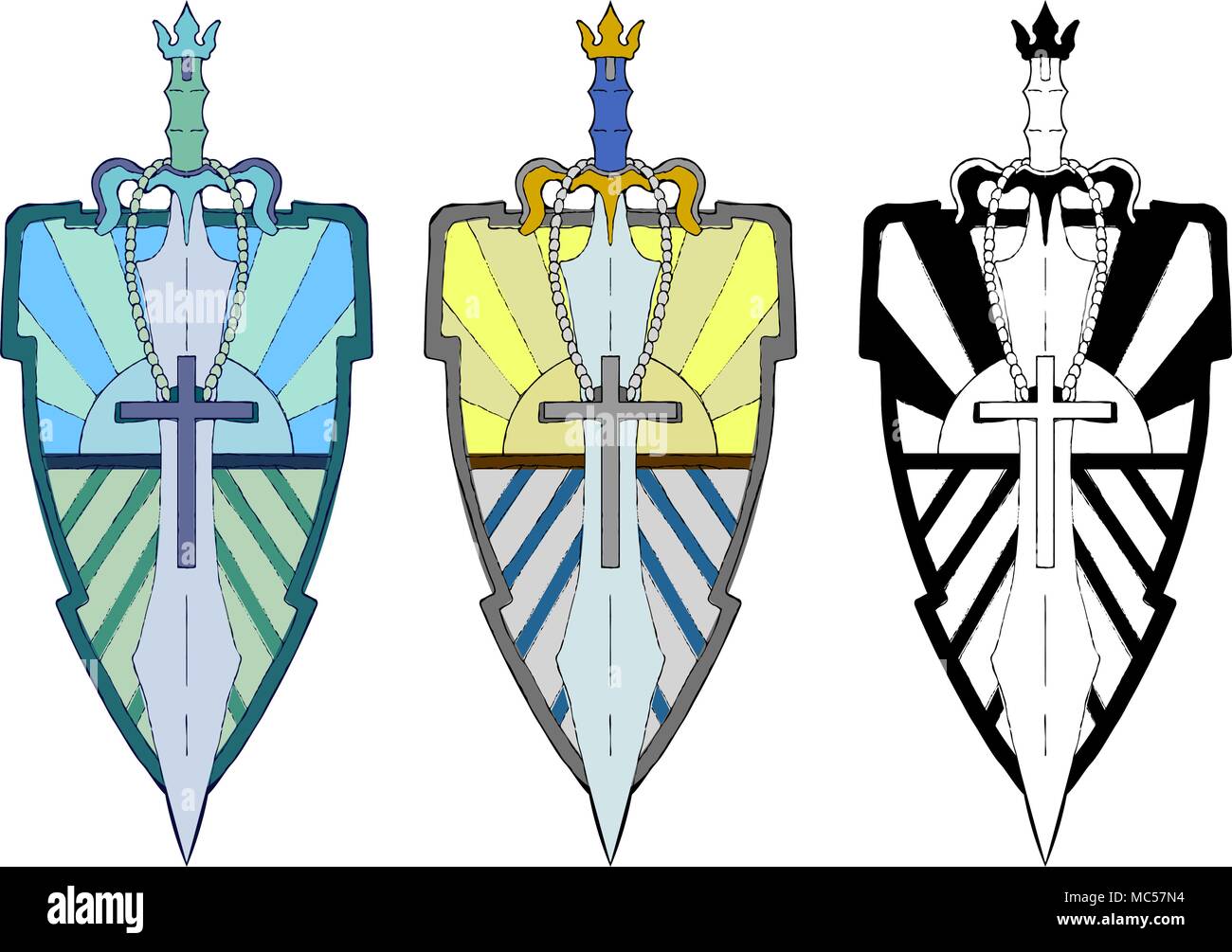 Sword over shield hand drawn vector design, colored and black and white ...