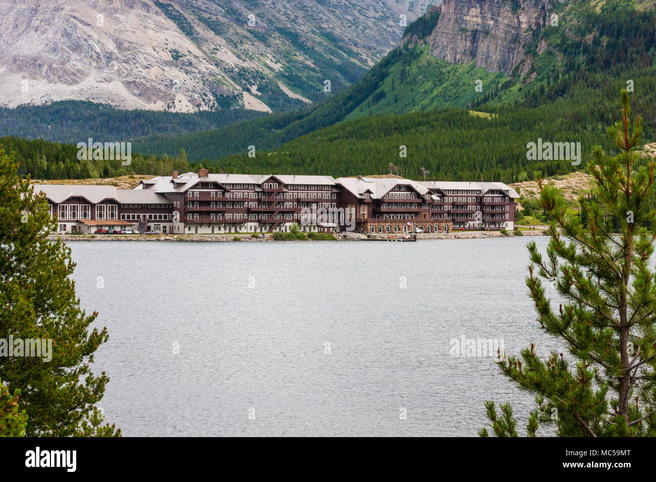 Many Glacier Lodge on Swiftcurrent Lake in Many Glacier valley area of ...