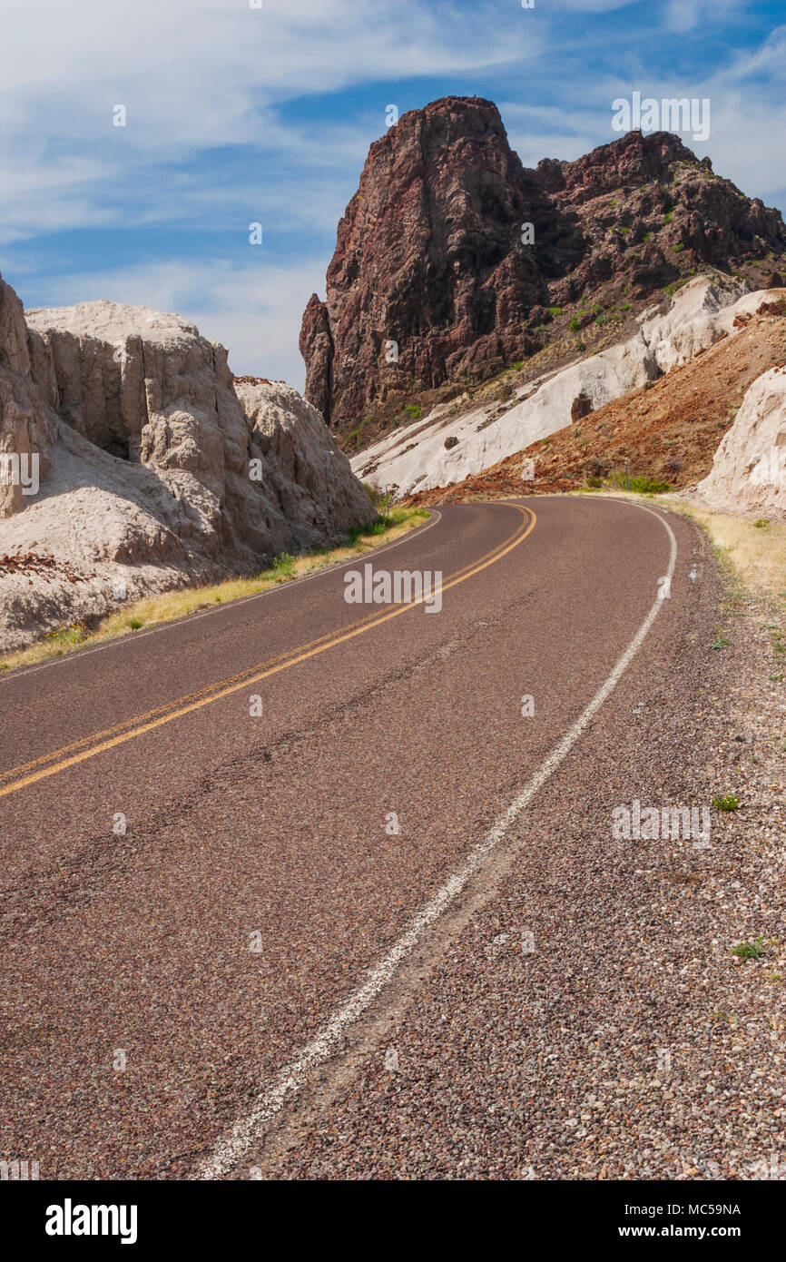 Road through Volcano Ash Mountains area in Big Bend National Park Stock ...