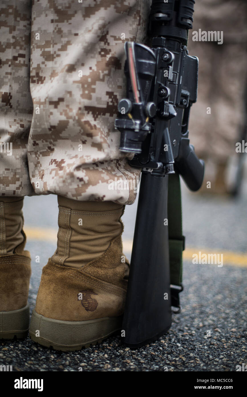 A Papa Company recruit stands at “Order Arms” during a final drill ...