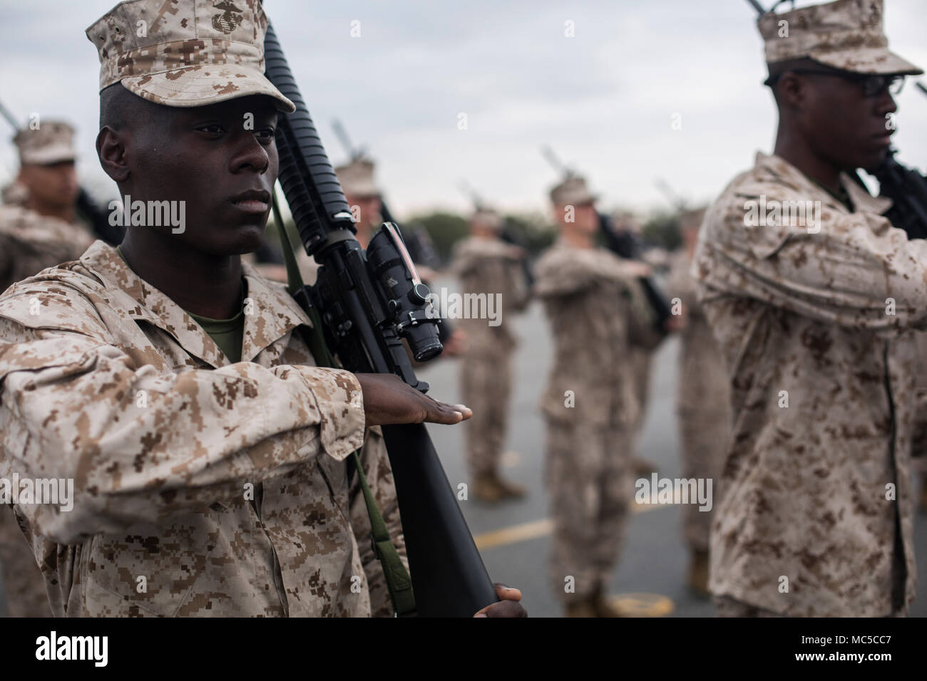 Mike Company recruits perform a rifle salute during a final drill ...