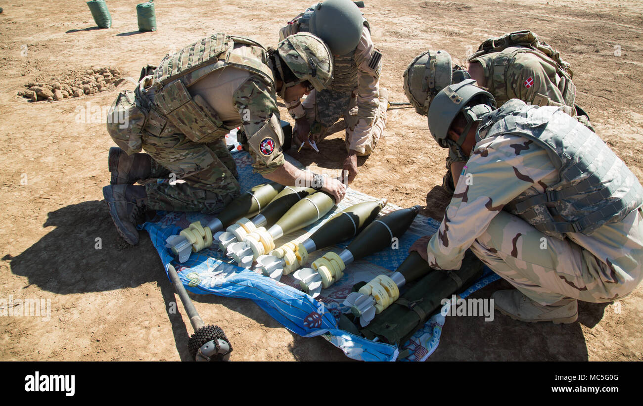 Iraqi soldiers from the 40th Brigade and Danish army trainers inspect ...