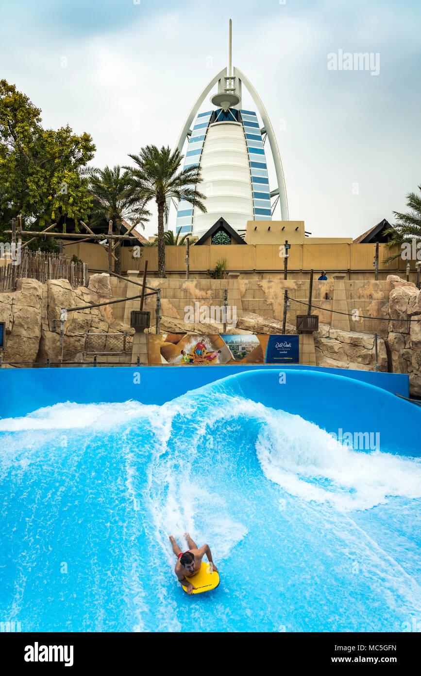 Wave surfing at the Wild Wadi waterpark, Dubai, UAE, Middle East Stock ...