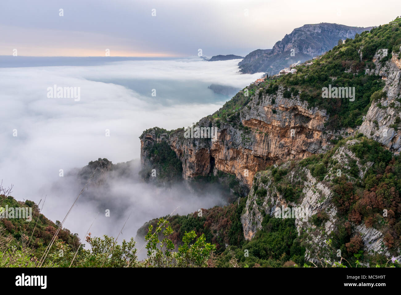 High ground overhead wide angle landscape scenery of mountain cliff ...