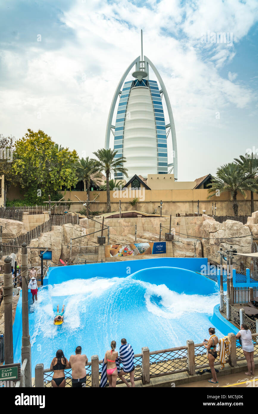 Wave surfing at the Wild Wadi waterpark, Dubai, UAE, Middle East Stock ...