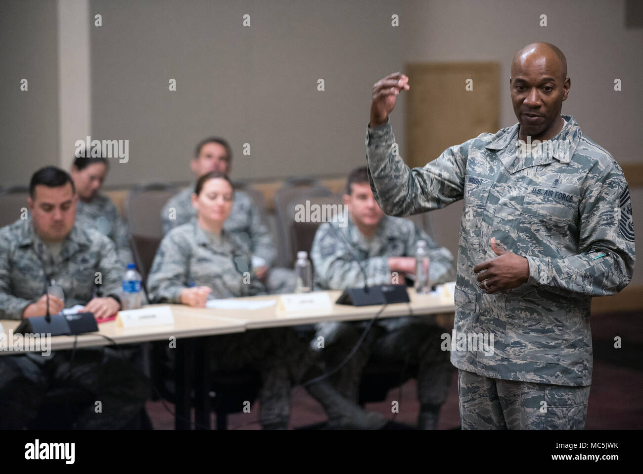 U.S. Air Force Chief Master Sgt. of the Air Force Kaleth O. Wright speaks to personnel attending ...