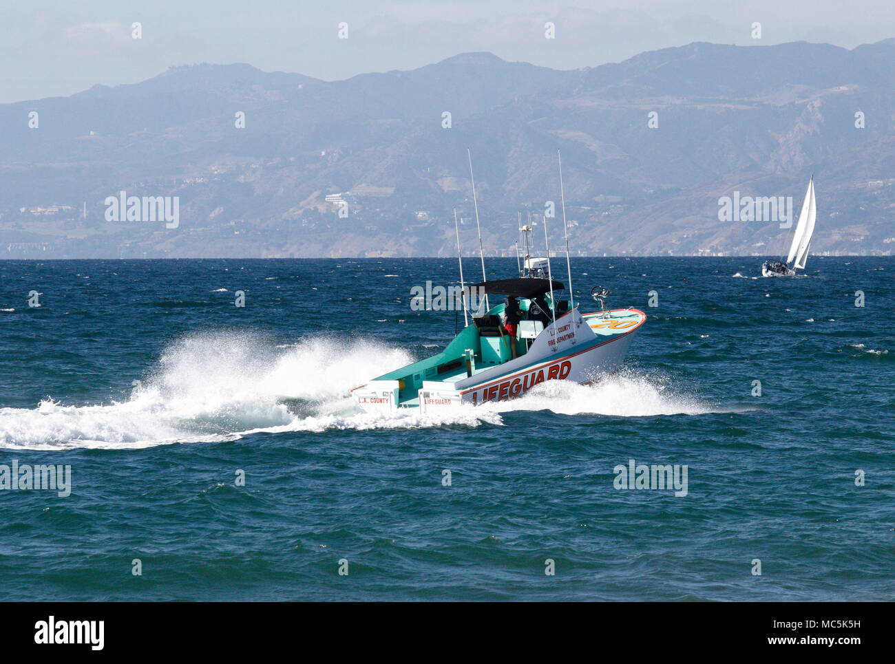 LA Fire Department Lifeguard rescue boat traveling at speed on the ...