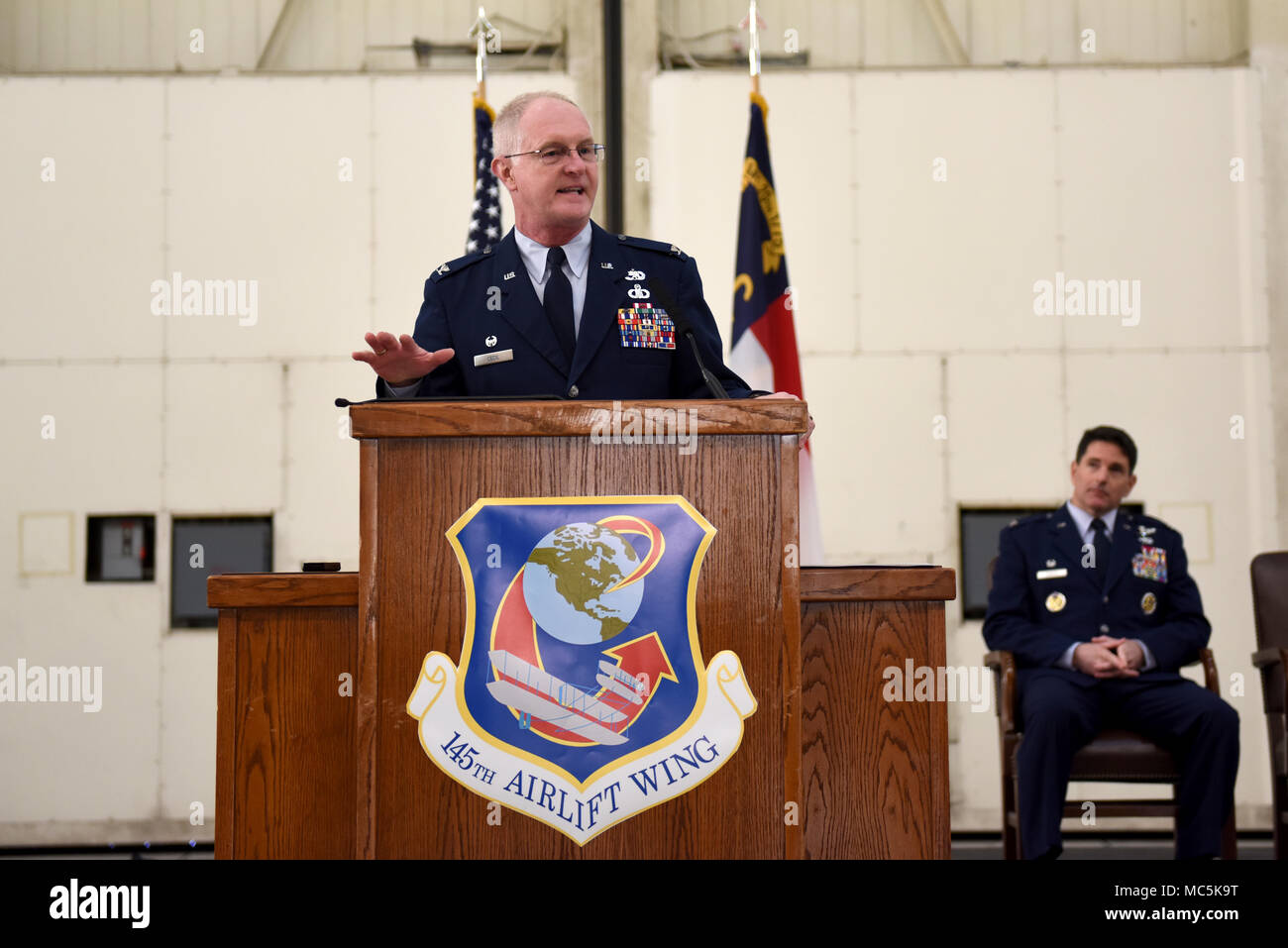 U.S. Air Force Col. Allan Cecil thanks the members of the 145th ...