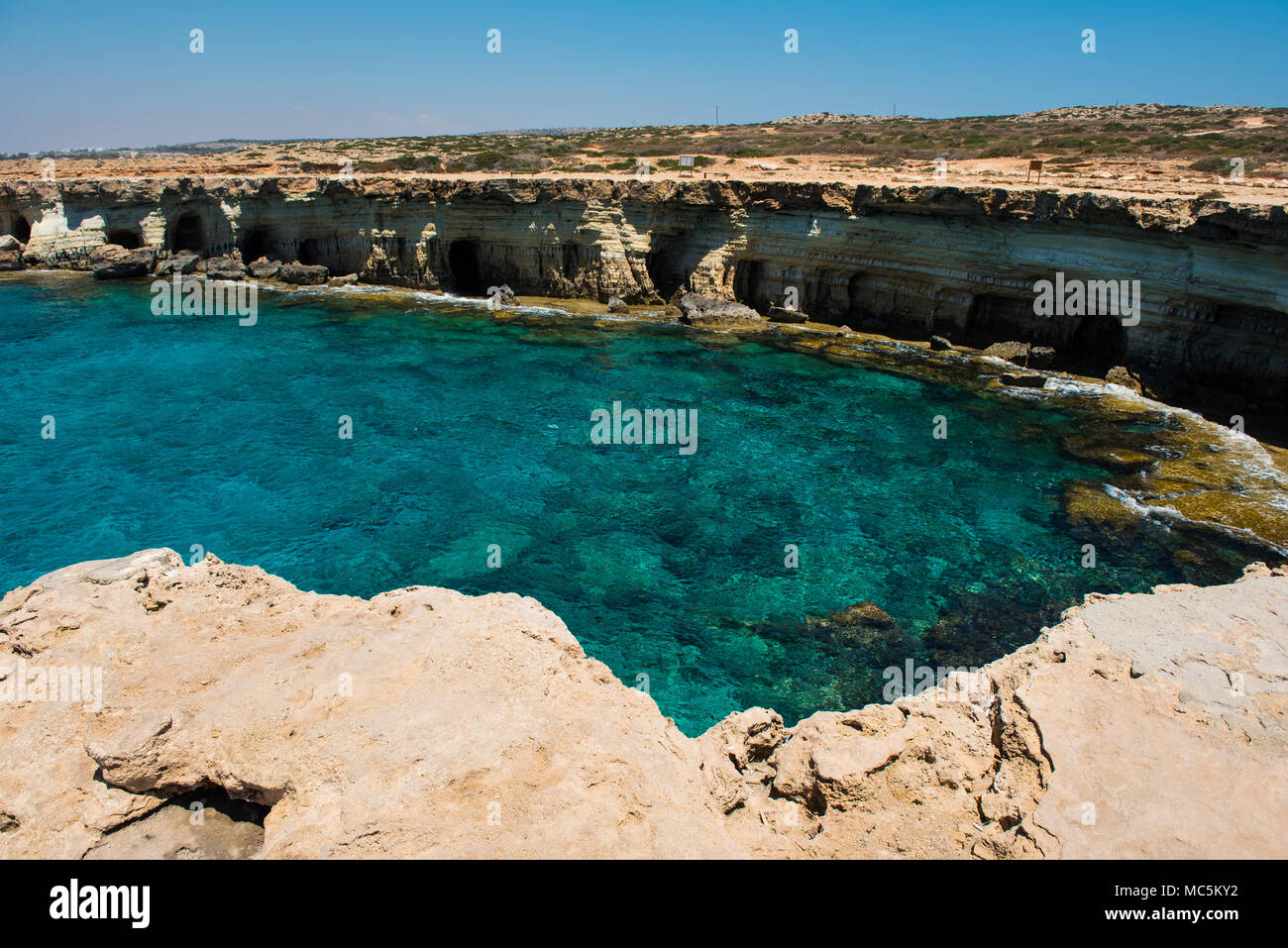 Sea caves (littoral caves) near Ayia Napa, Mediterranean sea coast ...