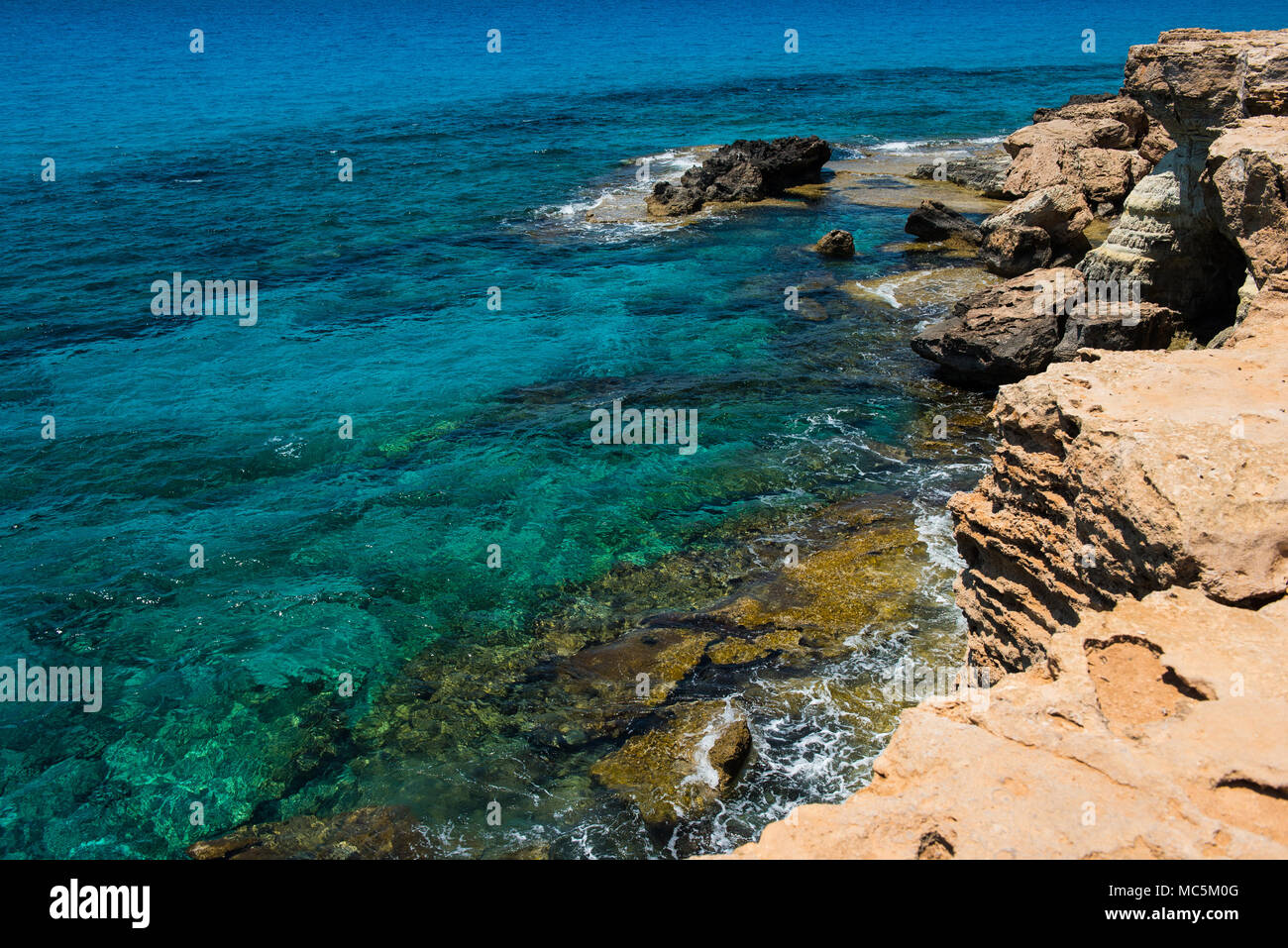 Sea caves (littoral caves) near Ayia Napa, Mediterranean sea coast ...